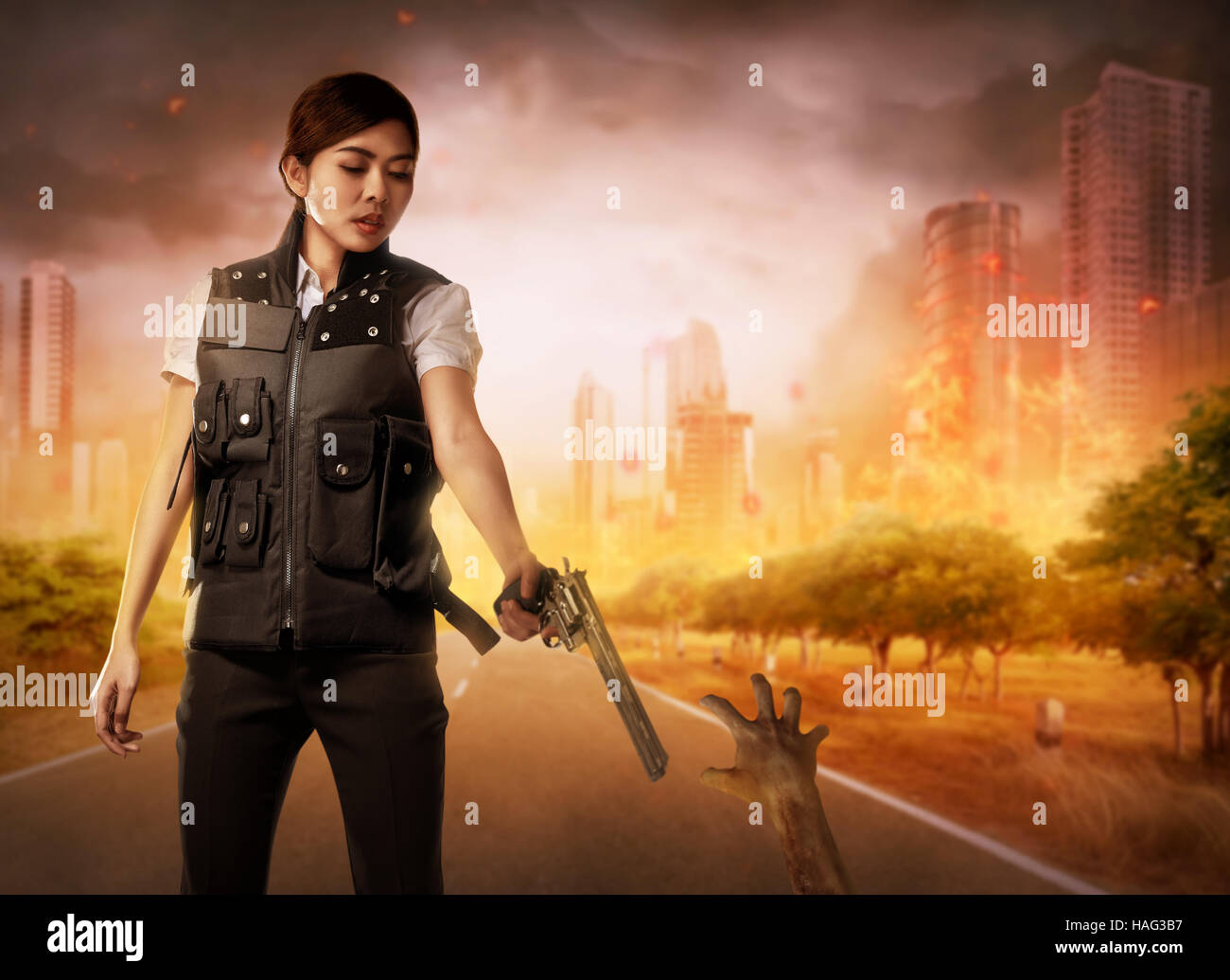 Brave woman with vest find the zombies on the street Stock Photo - Alamy