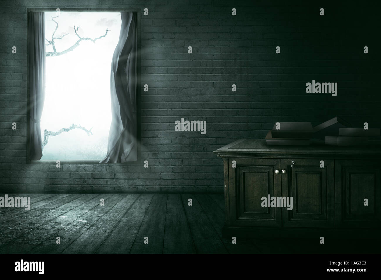 Spooky open window with branch. Halloween concept image Stock Photo - Alamy