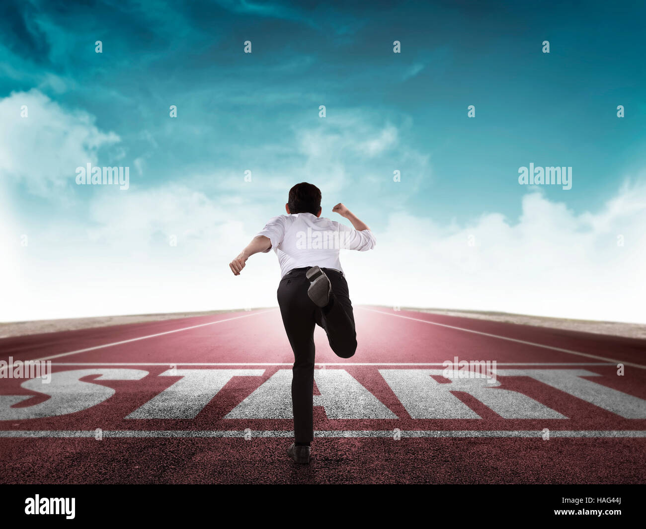 Back view of business man running from start line. Business career ...