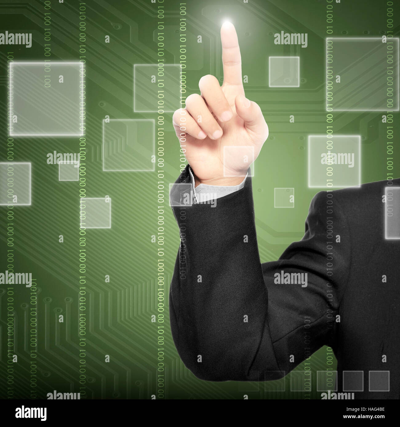 Man hand seems like to touch something. With Technology background ...