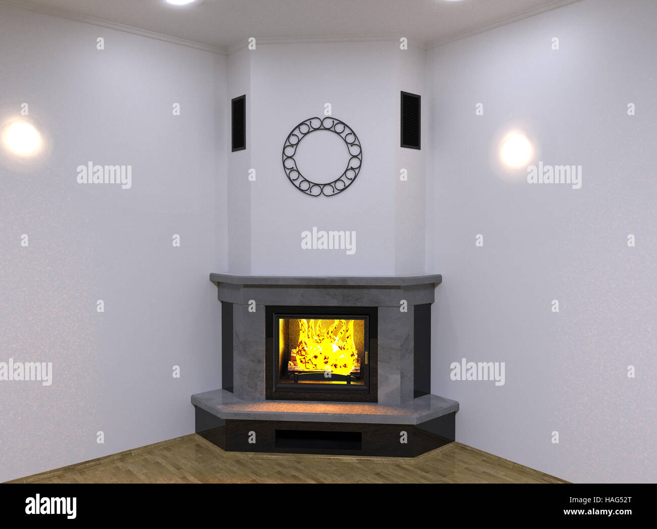 Corner marble fireplace. 3D render Stock Photo - Alamy
