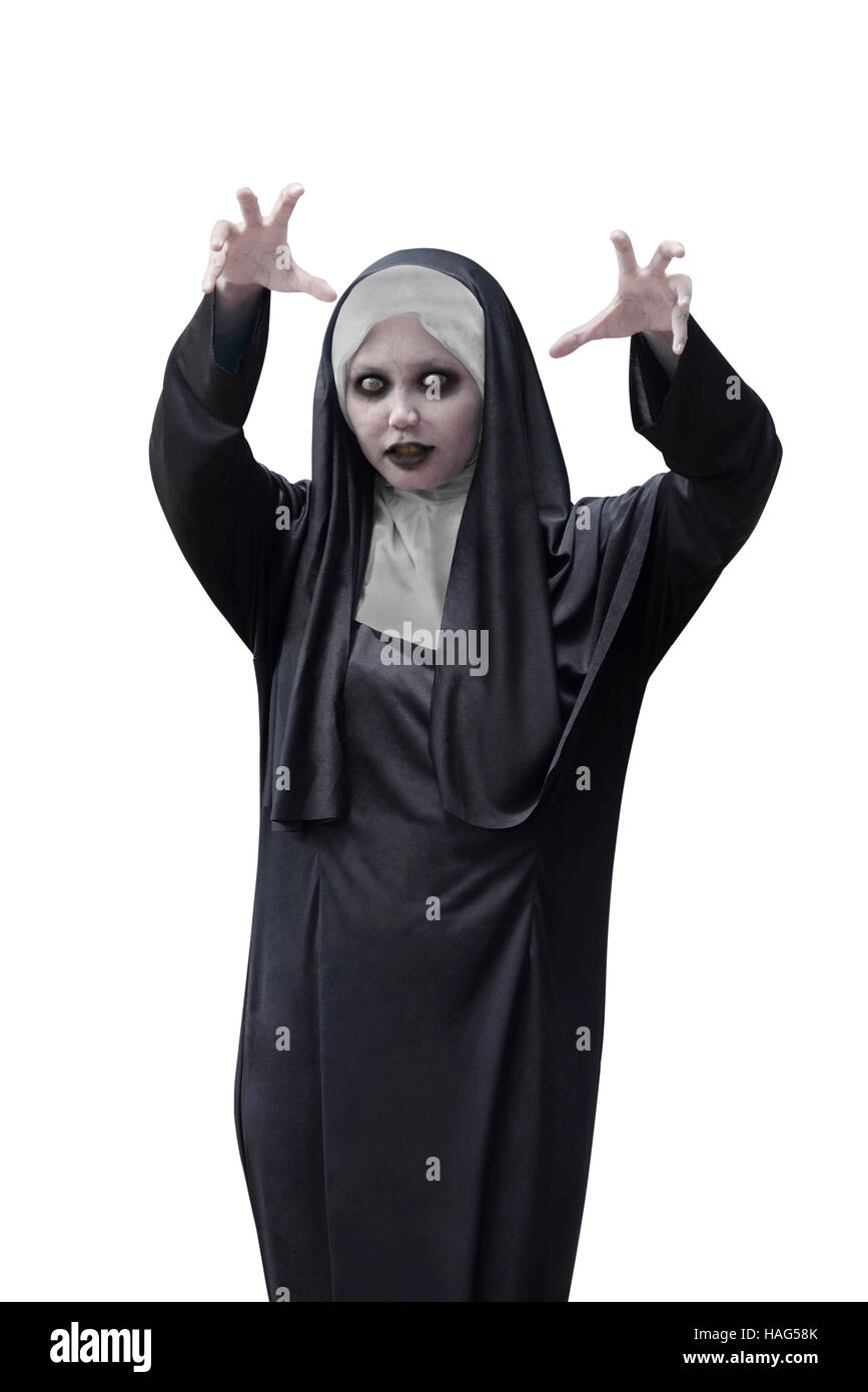 Asian woman with evil nun costume isolated over white background Stock ...