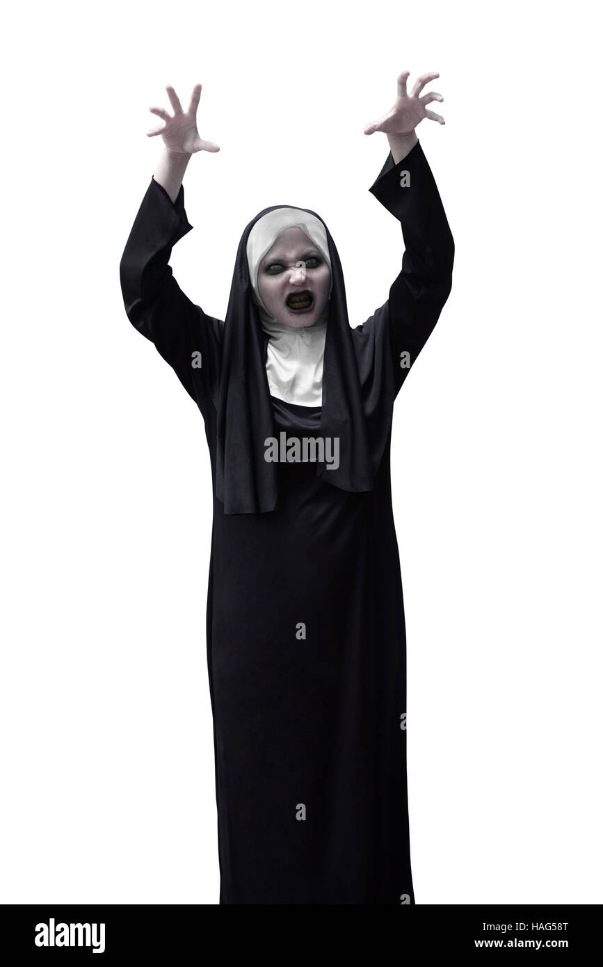 Scary asian nun raise up hand want to scare isolated over white ...