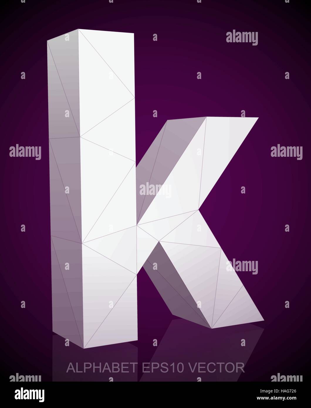 Abstract White 3D polygonal lowercase letter K with reflection. Low ...