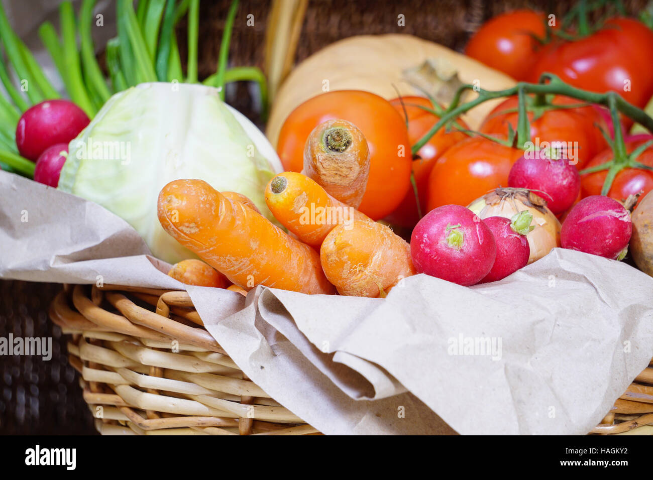 Different kinds of vegetables picked in the harvest basket Stock Photo ...