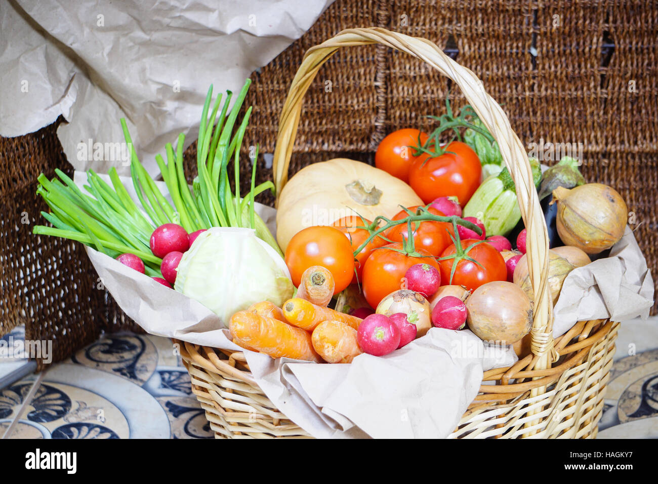 Different kinds of vegetables picked in the harvest basket Stock Photo ...