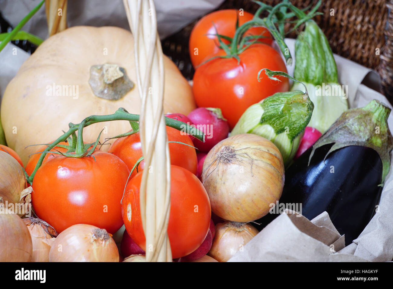Different kinds of vegetables picked in the harvest basket Stock Photo ...
