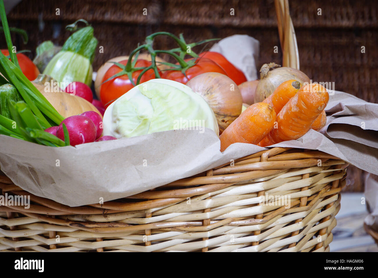 Different kinds of vegetables picked in the harvest basket Stock Photo ...