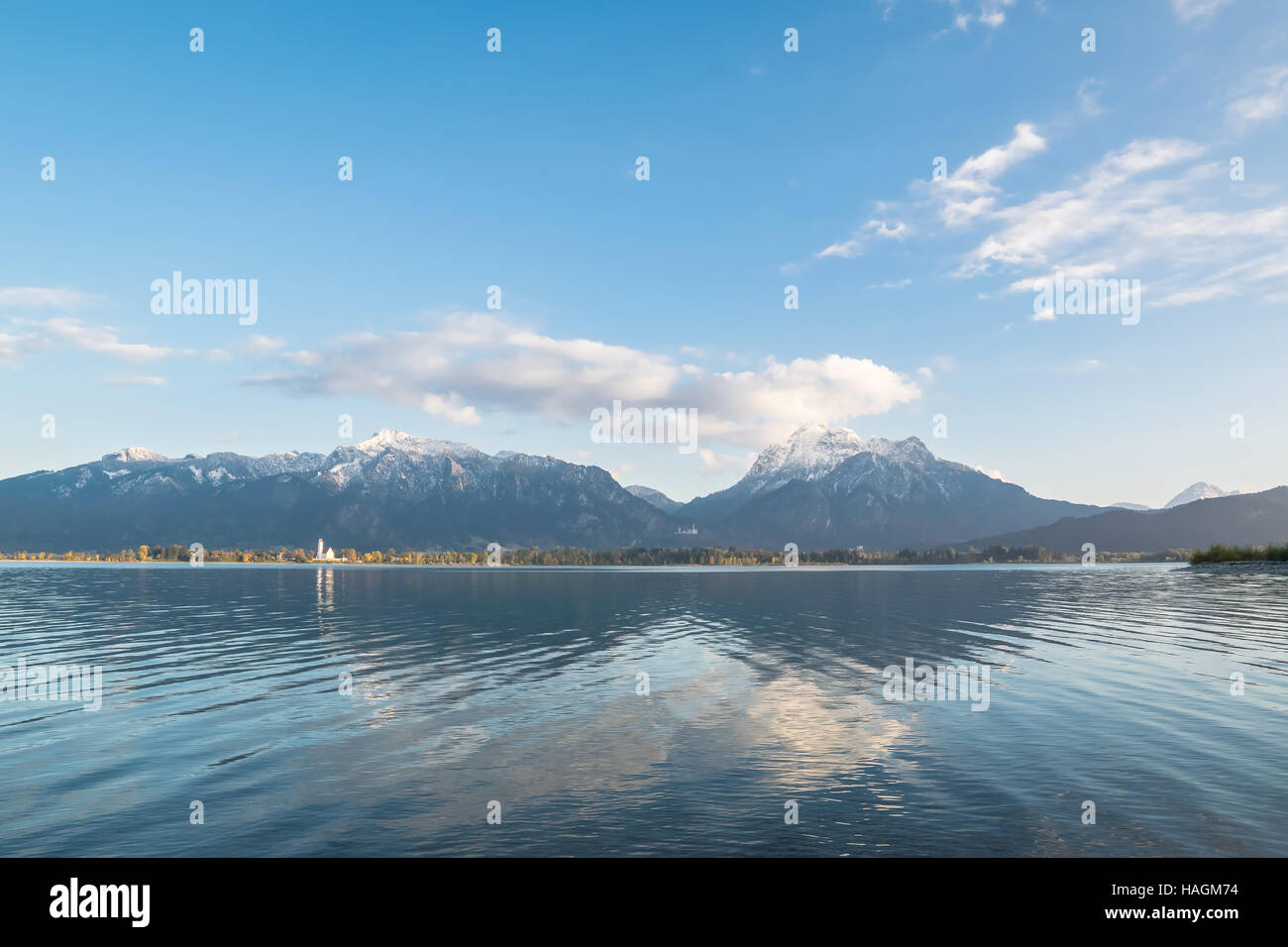 Bright landscape with lake and mountains, Forggensee, Germany Stock ...