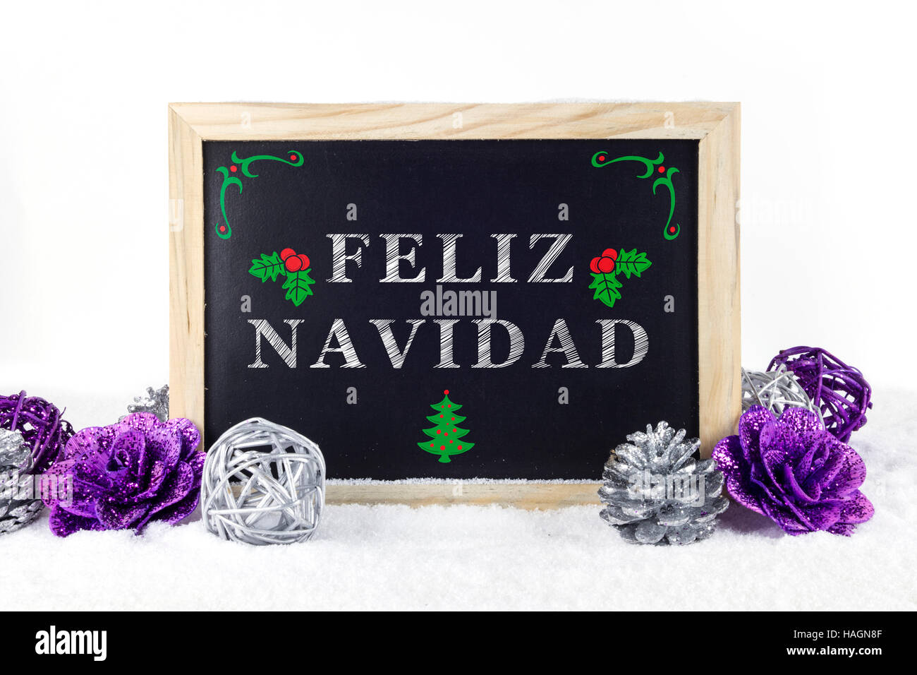 Chalkboard with Christmas decoration with snow white isolated ...