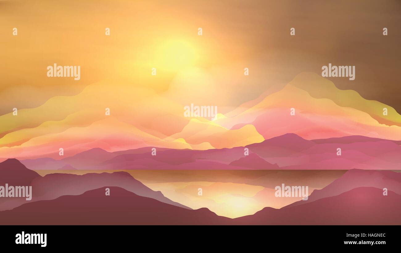 Abstract Sunrise Mountains with Lake - Vector Illustration Stock Vector ...