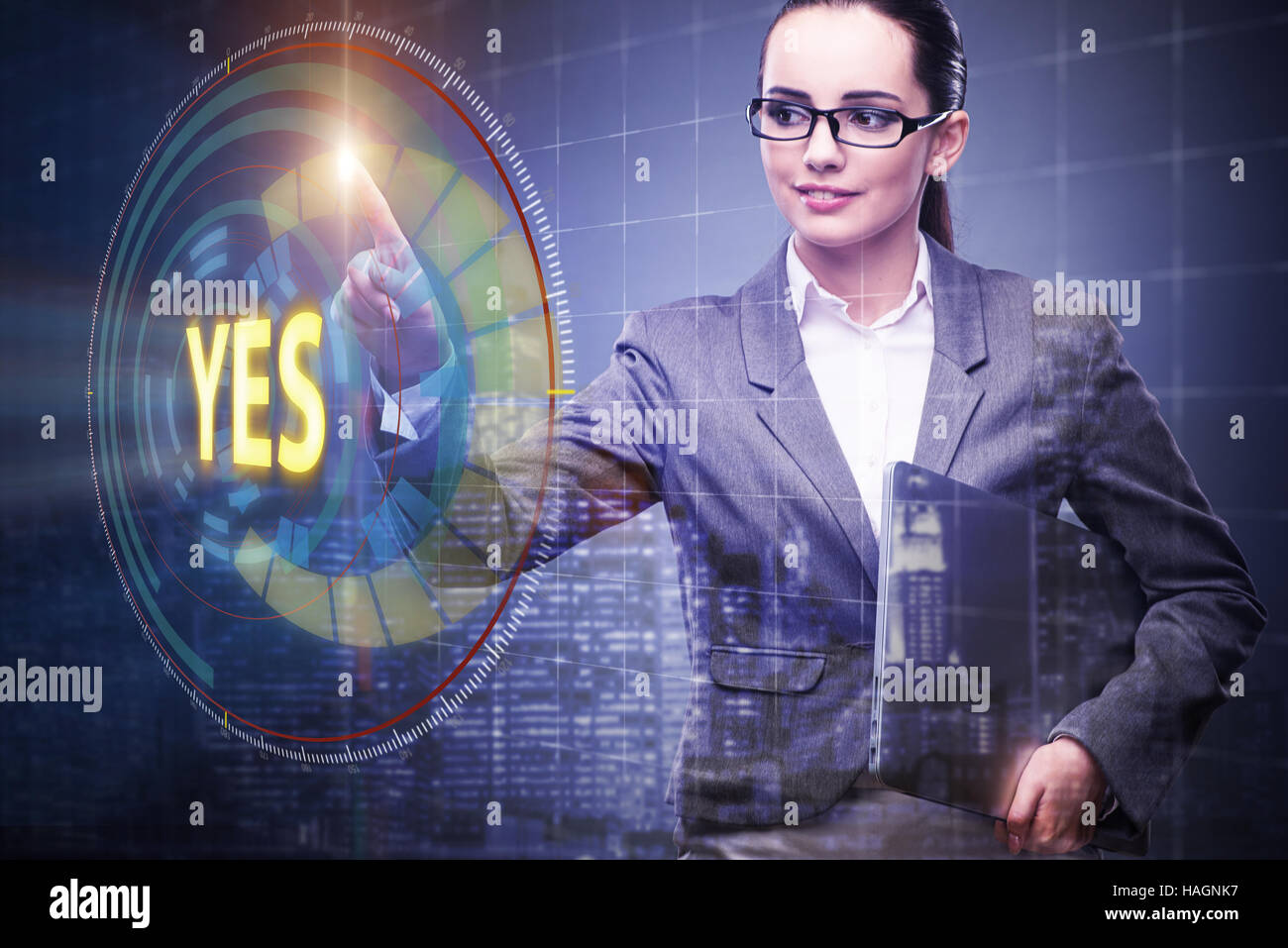Businesswoman pressing virtual button YES Stock Photo - Alamy