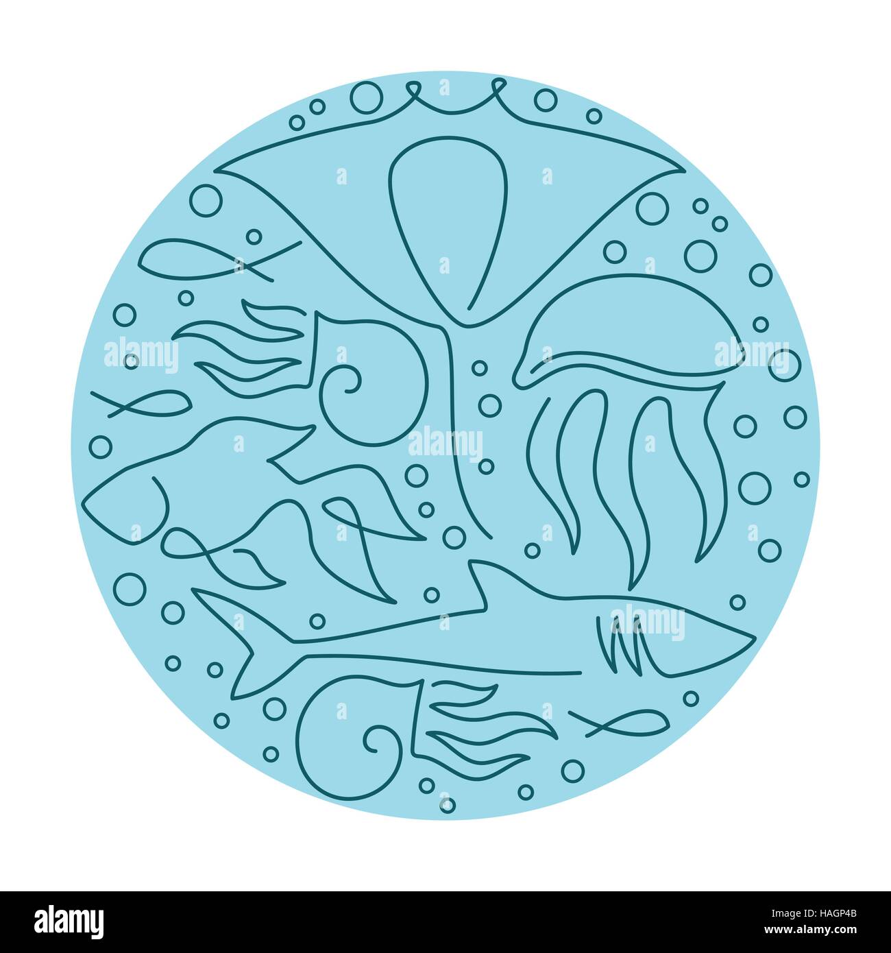 Round composition made of sea fauna linear drawings Stock Vector Image ...