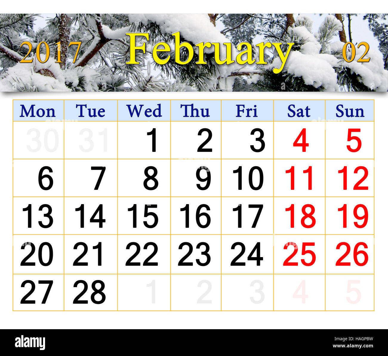 calendar for February 2017 with snowy pine branches in the forest Stock ...