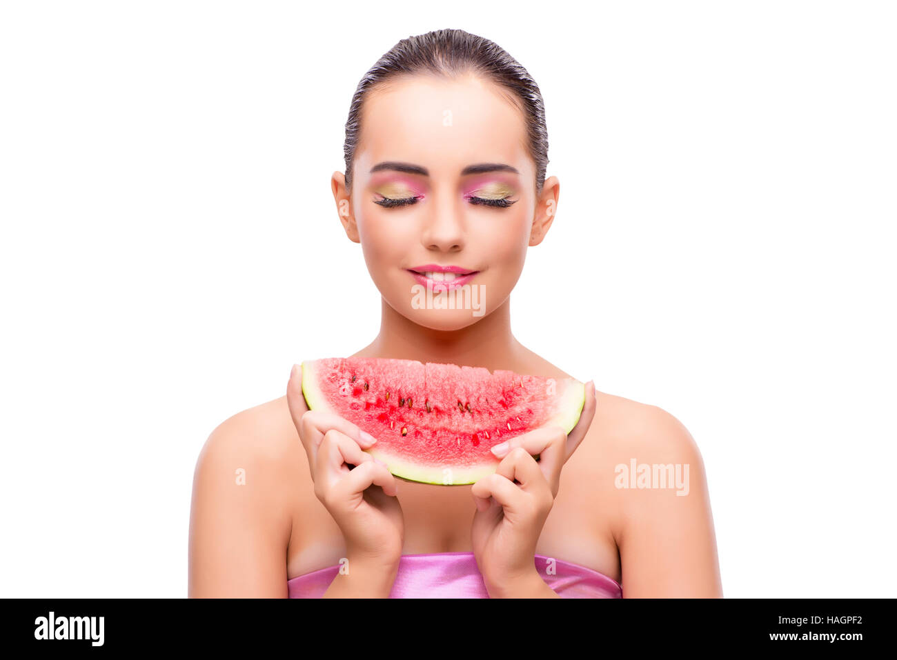 Beautiful woman with watermelon isolated on white Stock Photo - Alamy