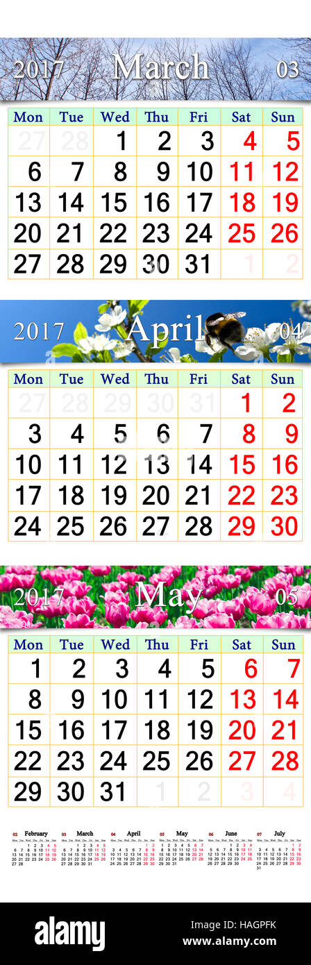 office triple calendar for March April and May 2017 with pictures of ...