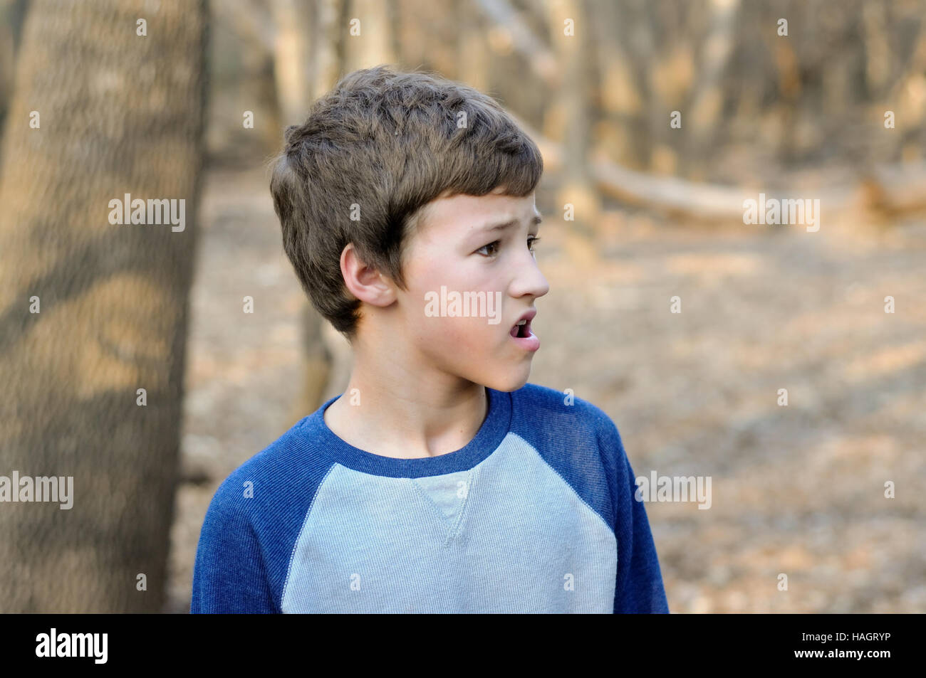 Outdoor photo of handsome young boy looking sideways outdoors Stock ...