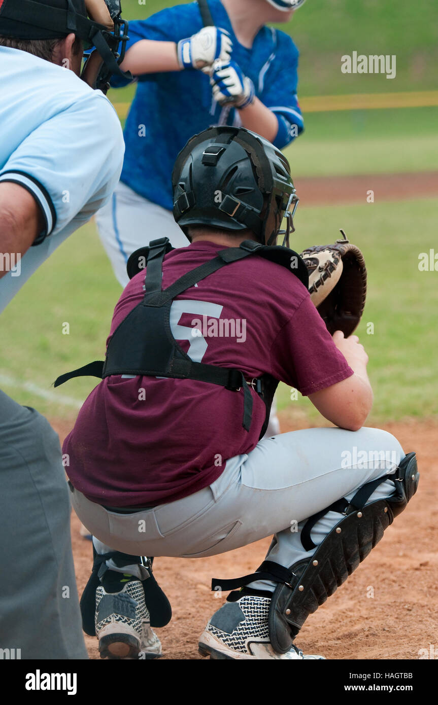 Young baseball boy catching behind home plate with umpire Stock Photo ...