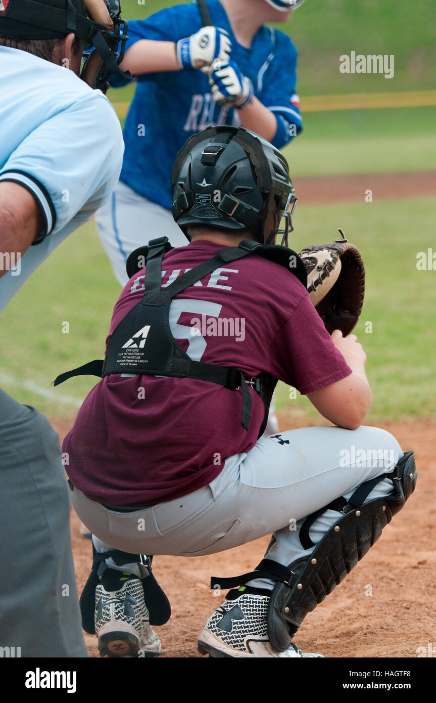 Young baseball boy catching behind home plate with umpire Stock Photo ...