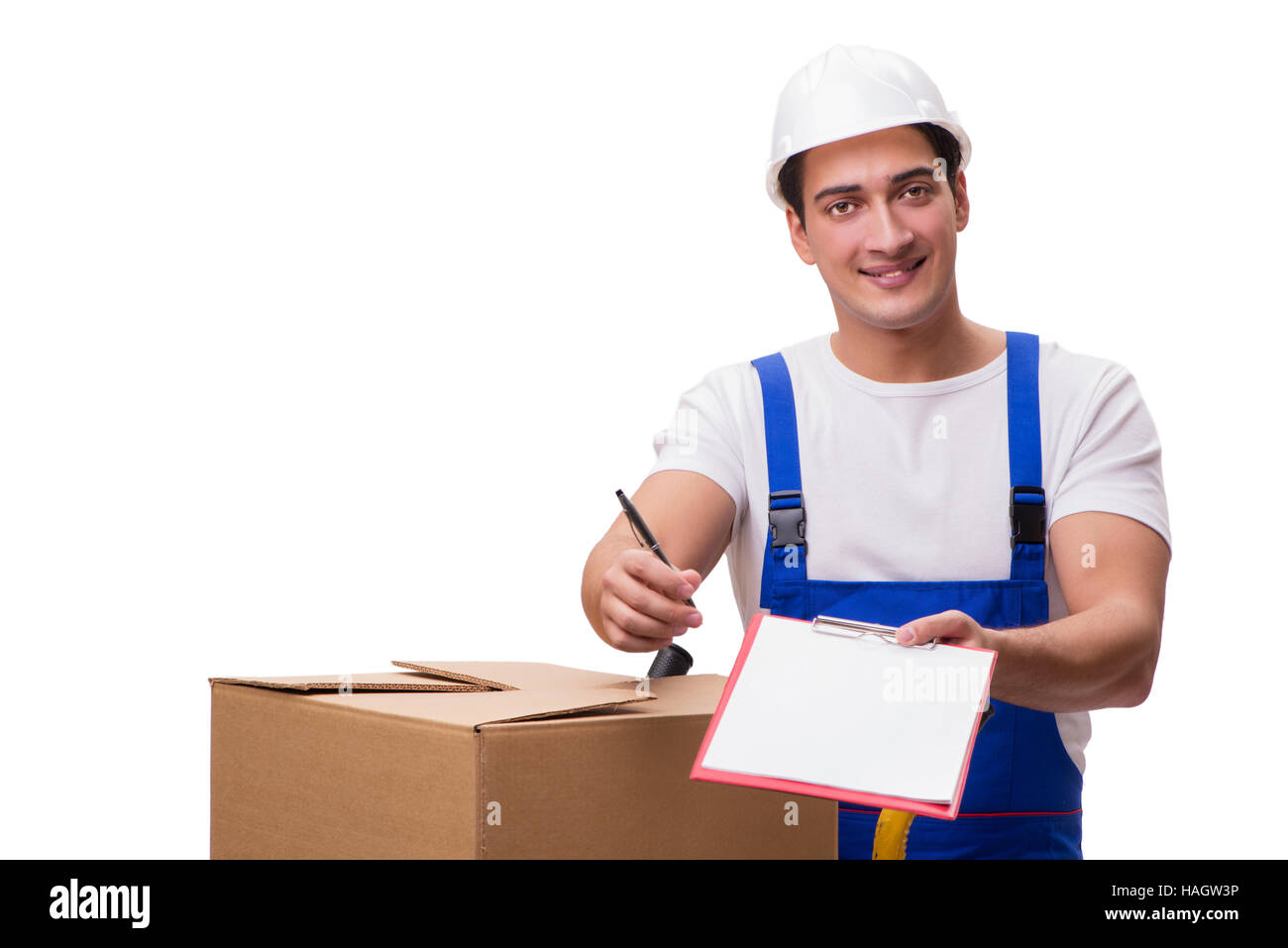 Man with boxes isolated on white Stock Photo - Alamy