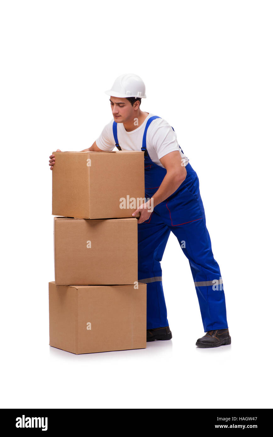 Man with boxes isolated on white Stock Photo - Alamy