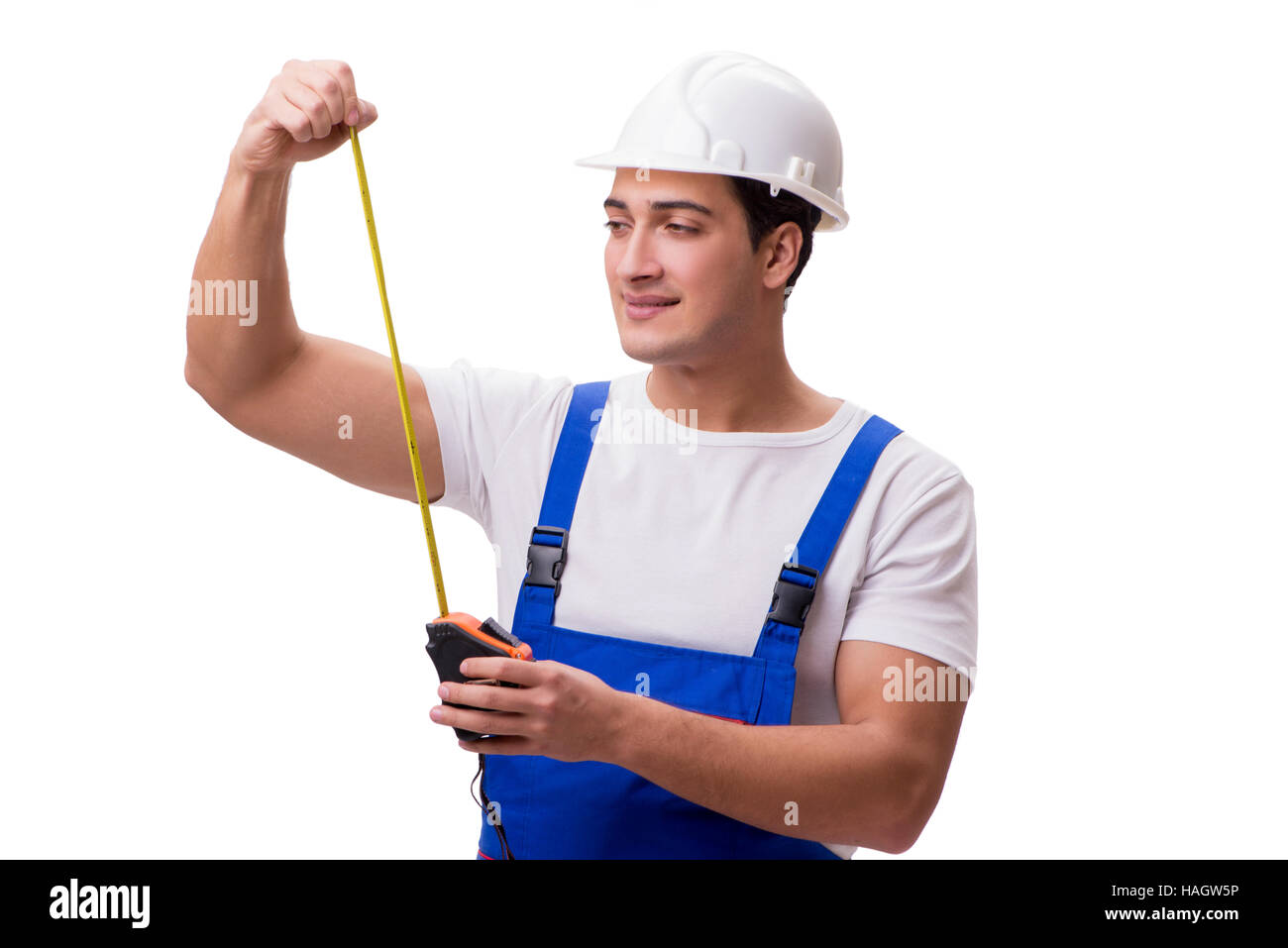 Man with tape measure isolated on white Stock Photo - Alamy