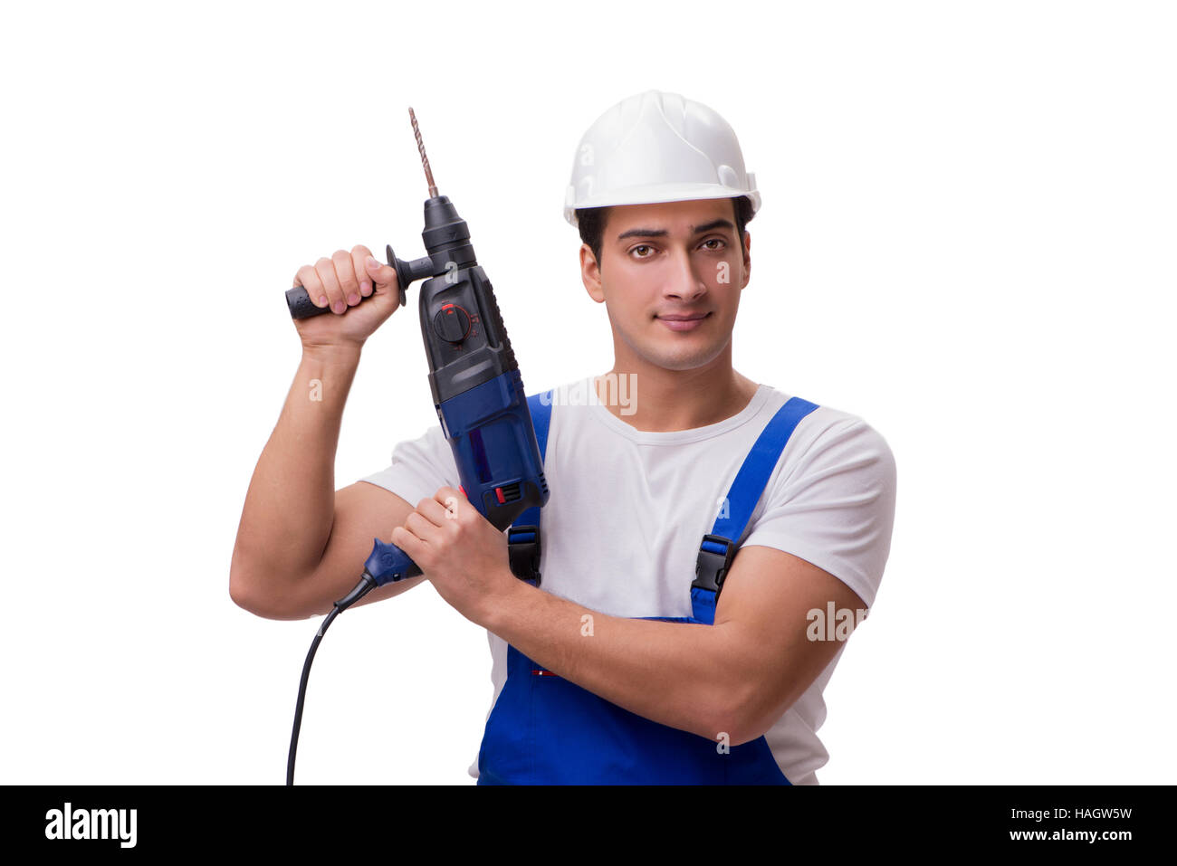 Man with drill isolated on the white Stock Photo - Alamy