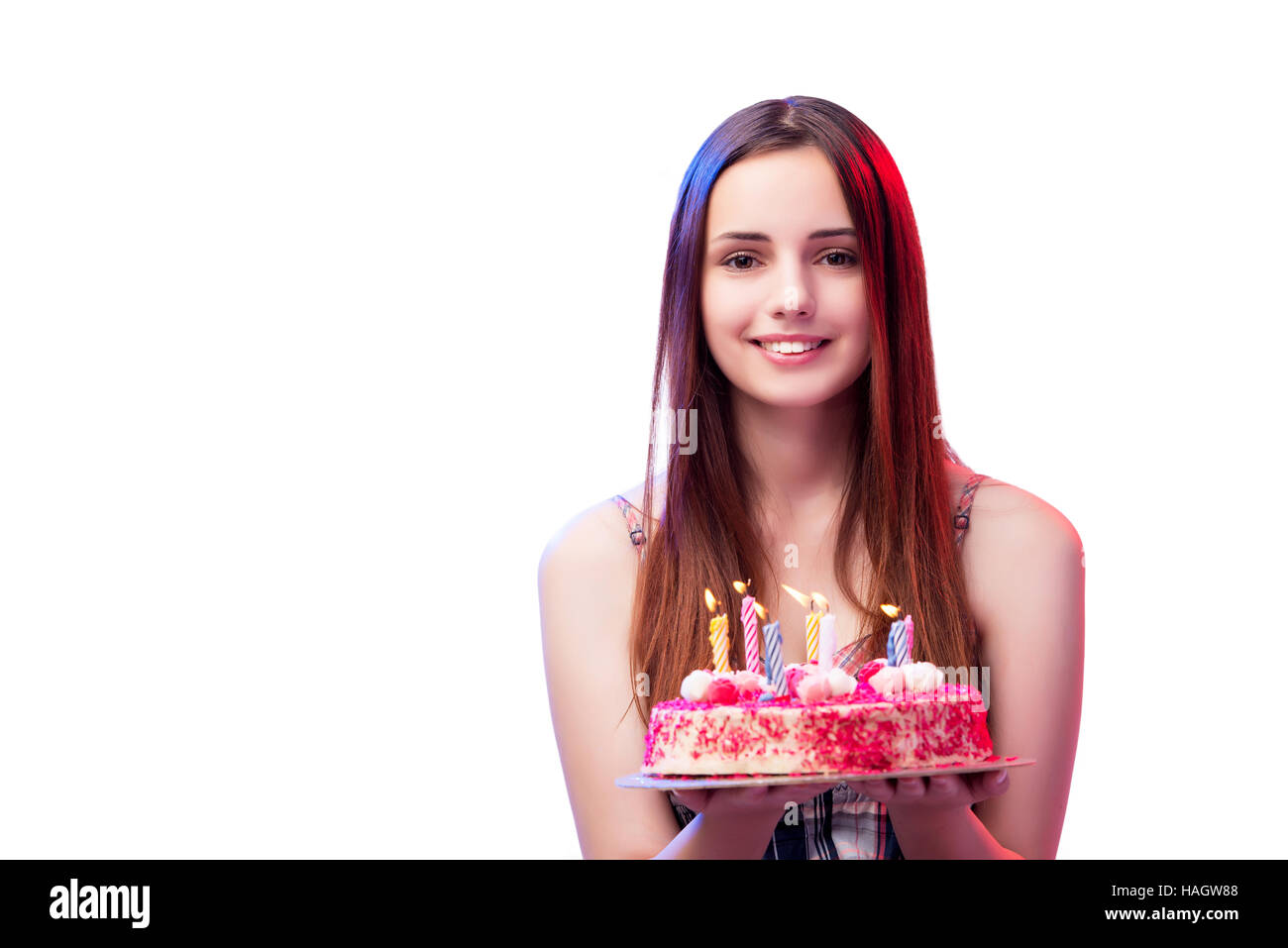 Young woman girl with cake isolated on white Stock Photo - Alamy
