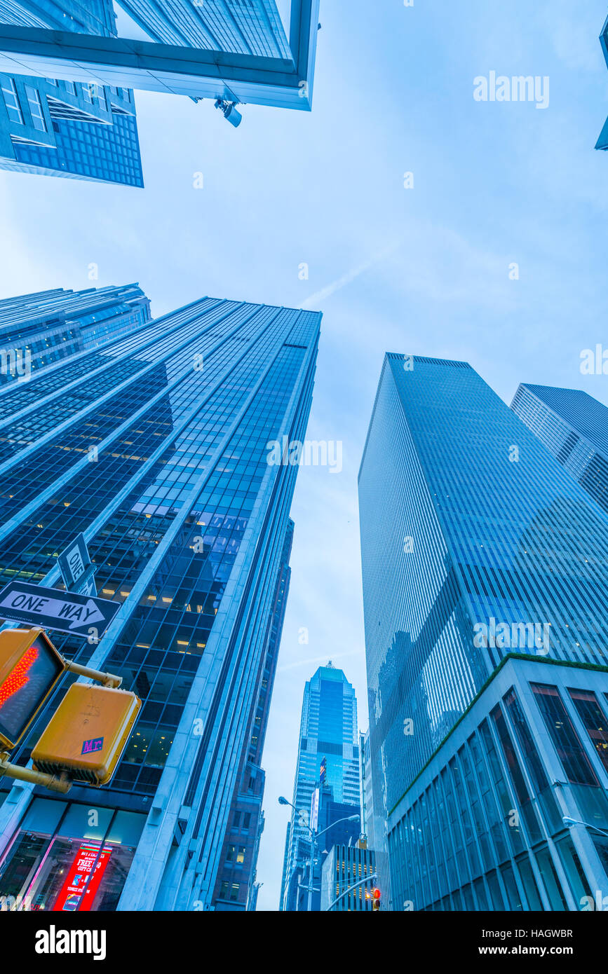 New York skyscrapers vew from street level Stock Photo - Alamy