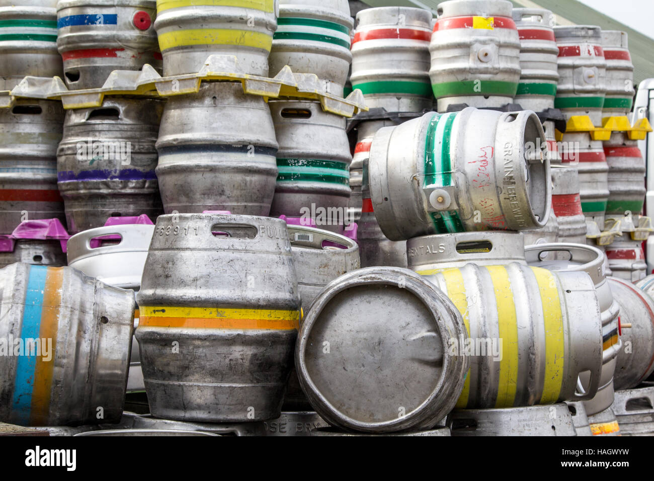 Stack of metal beer barrels awaiting delivery Stock Photo - Alamy