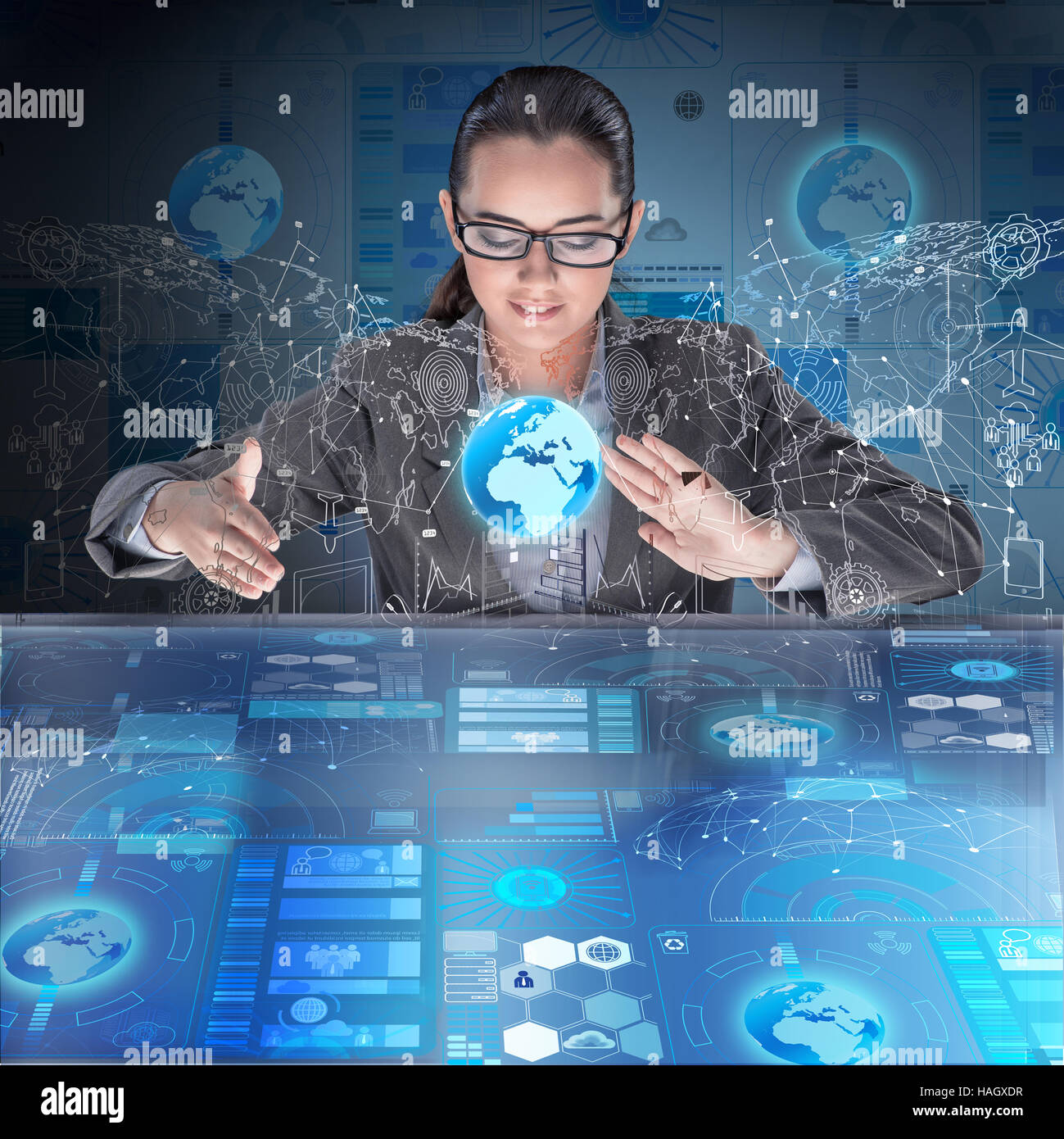 Futuristic media sharing concept with woman Stock Photo - Alamy