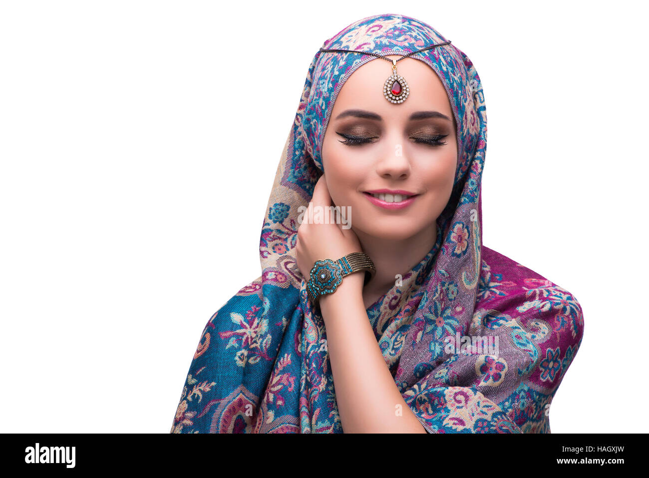 Woman in traditional muslim clothing isolated on white Stock Photo - Alamy