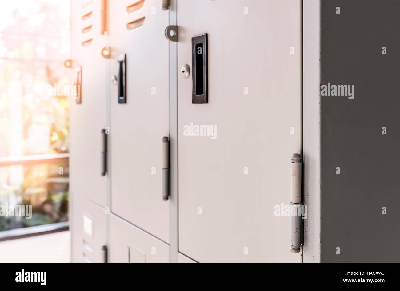 Grey Metal Lockers with sunlight in close up view,shallow DOF Stock ...