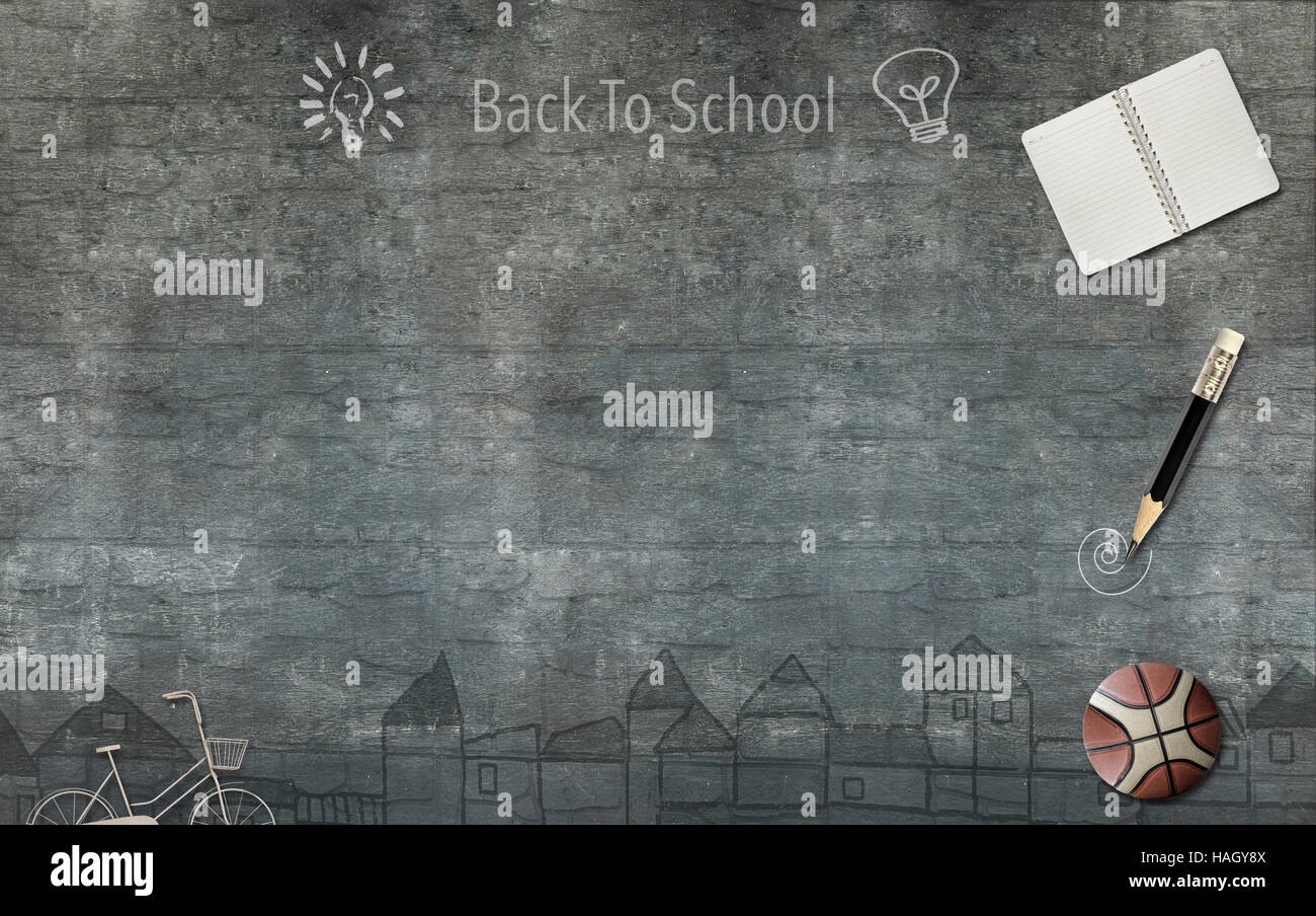 Blank notebook,bicycle model,pencil and basketball on black board ...