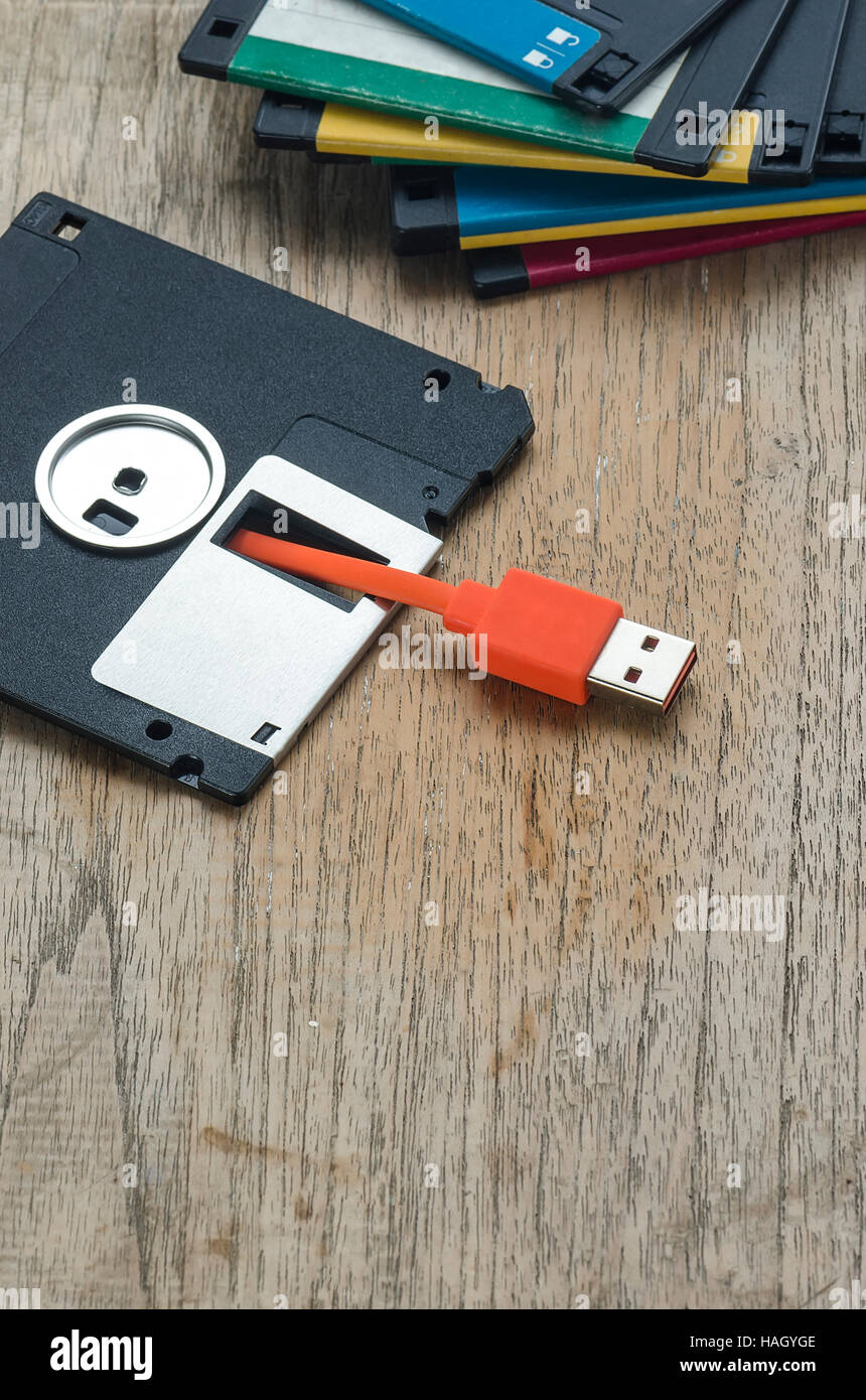 Used Floppy Diskettes With Orange Usb Cable Plug On Wooden Backgrounddesign For Technology