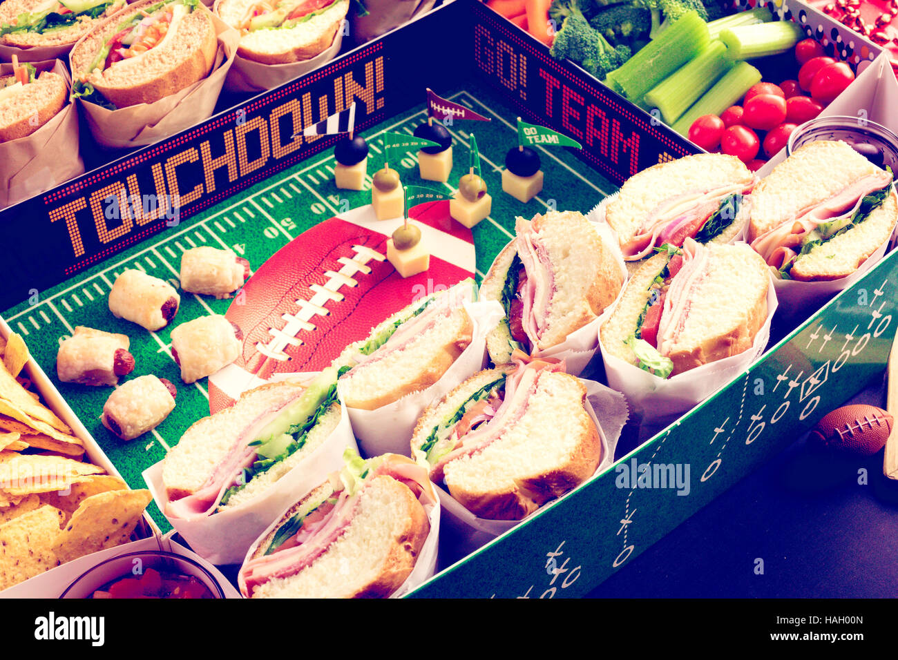 Football Snack Stadium filled with sub sandwiches, veggies and chips ...