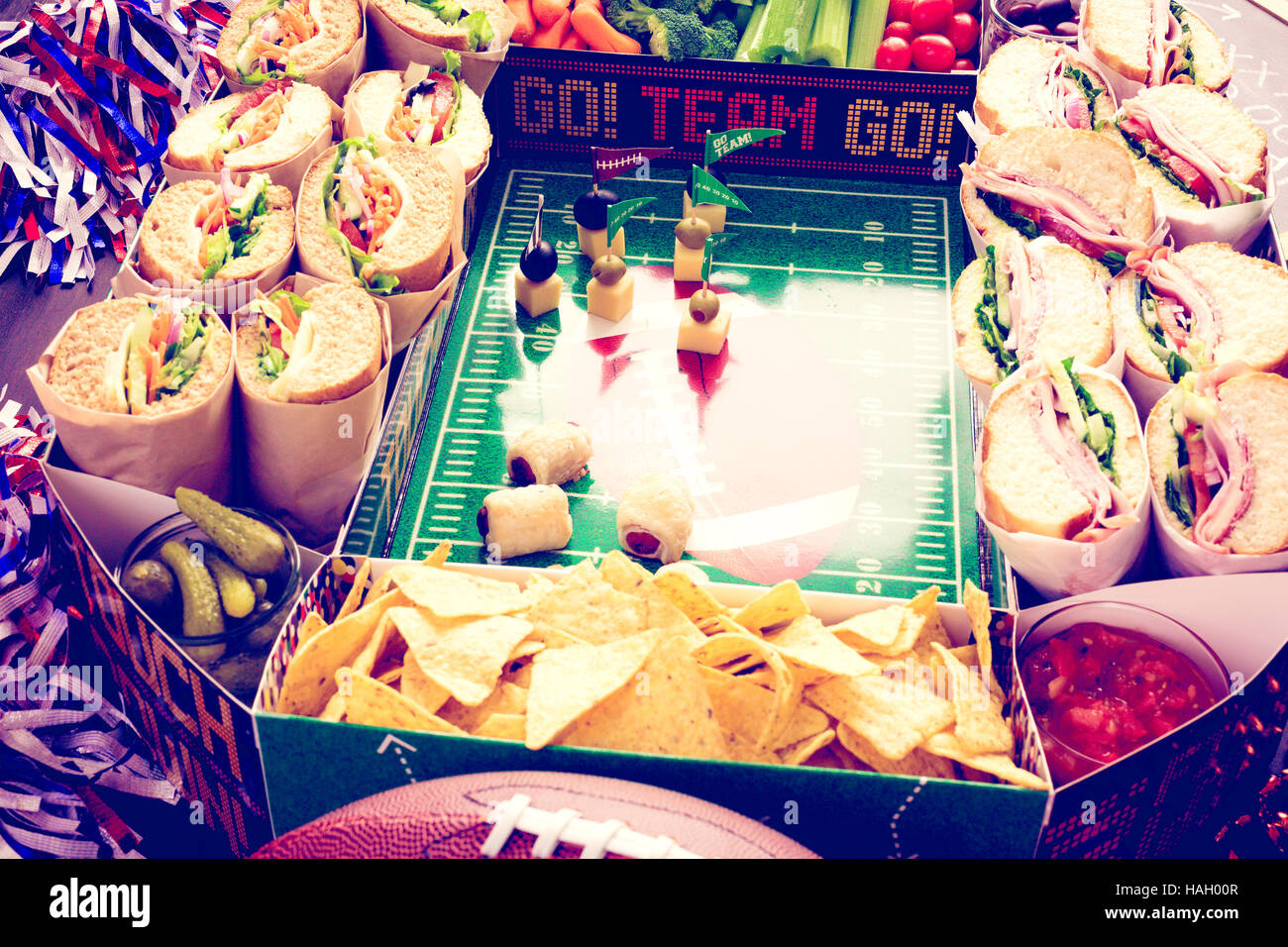 Football Snack Stadium filled with sub sandwiches, veggies and chips ...