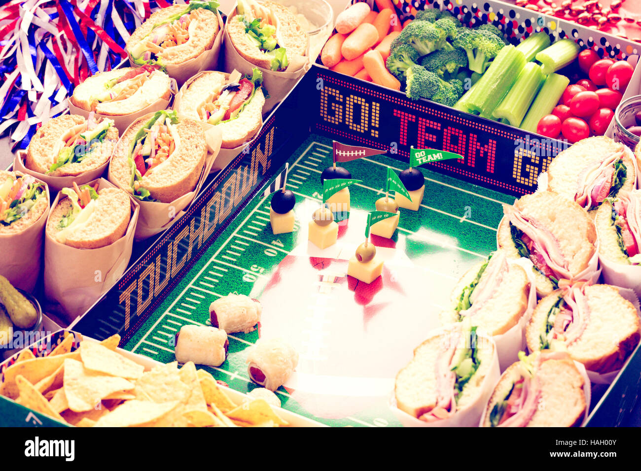 Football Snack Stadium filled with sub sandwiches, veggies and chips ...
