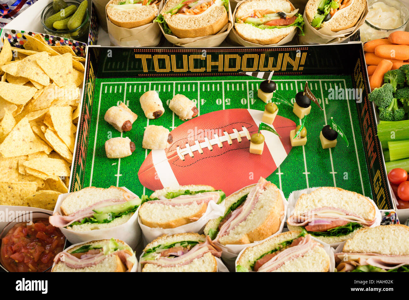 Football Snack Stadium filled with sub sandwiches, veggies and chips ...