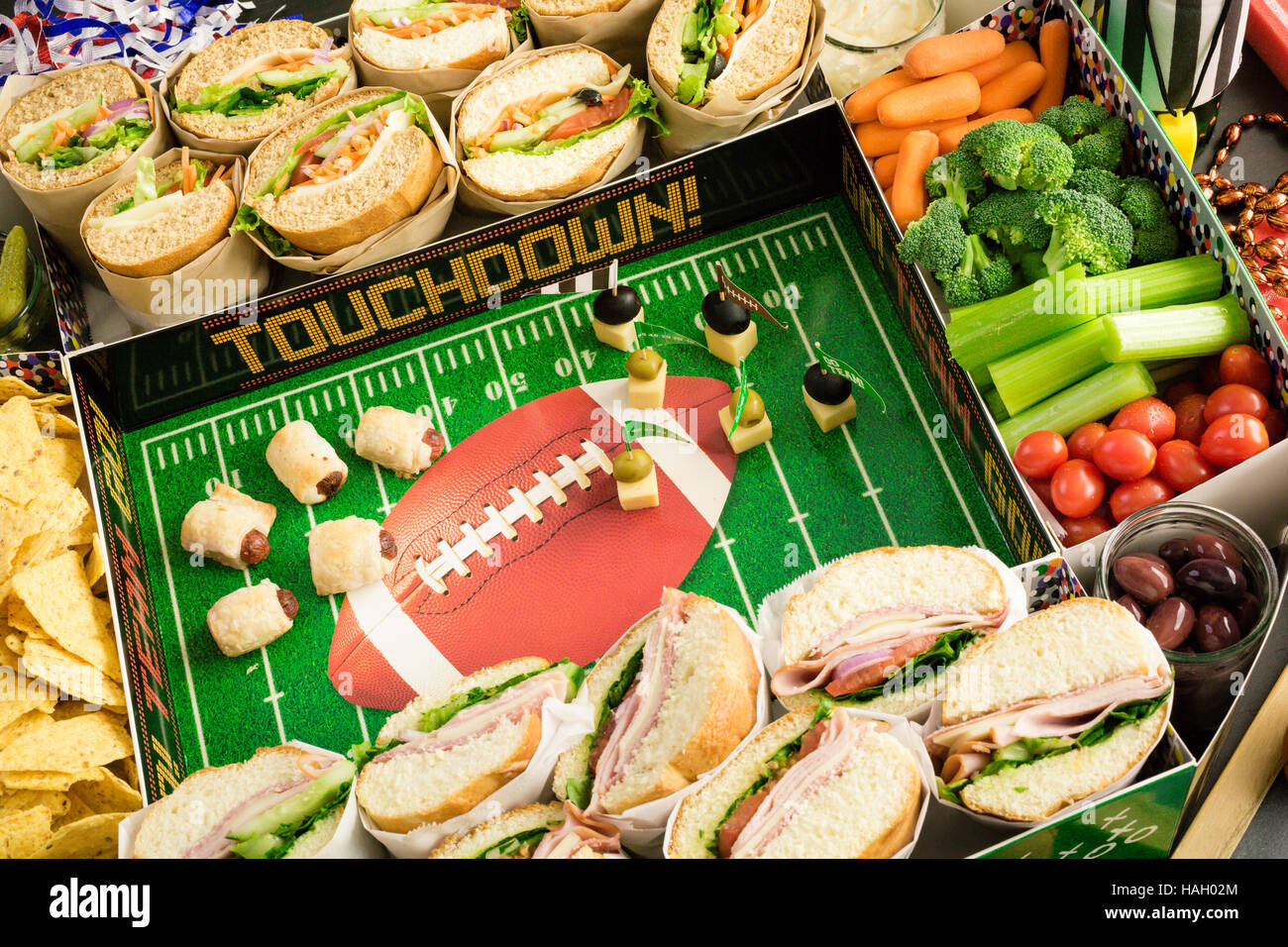 Football Snack Stadium filled with sub sandwiches, veggies and chips ...