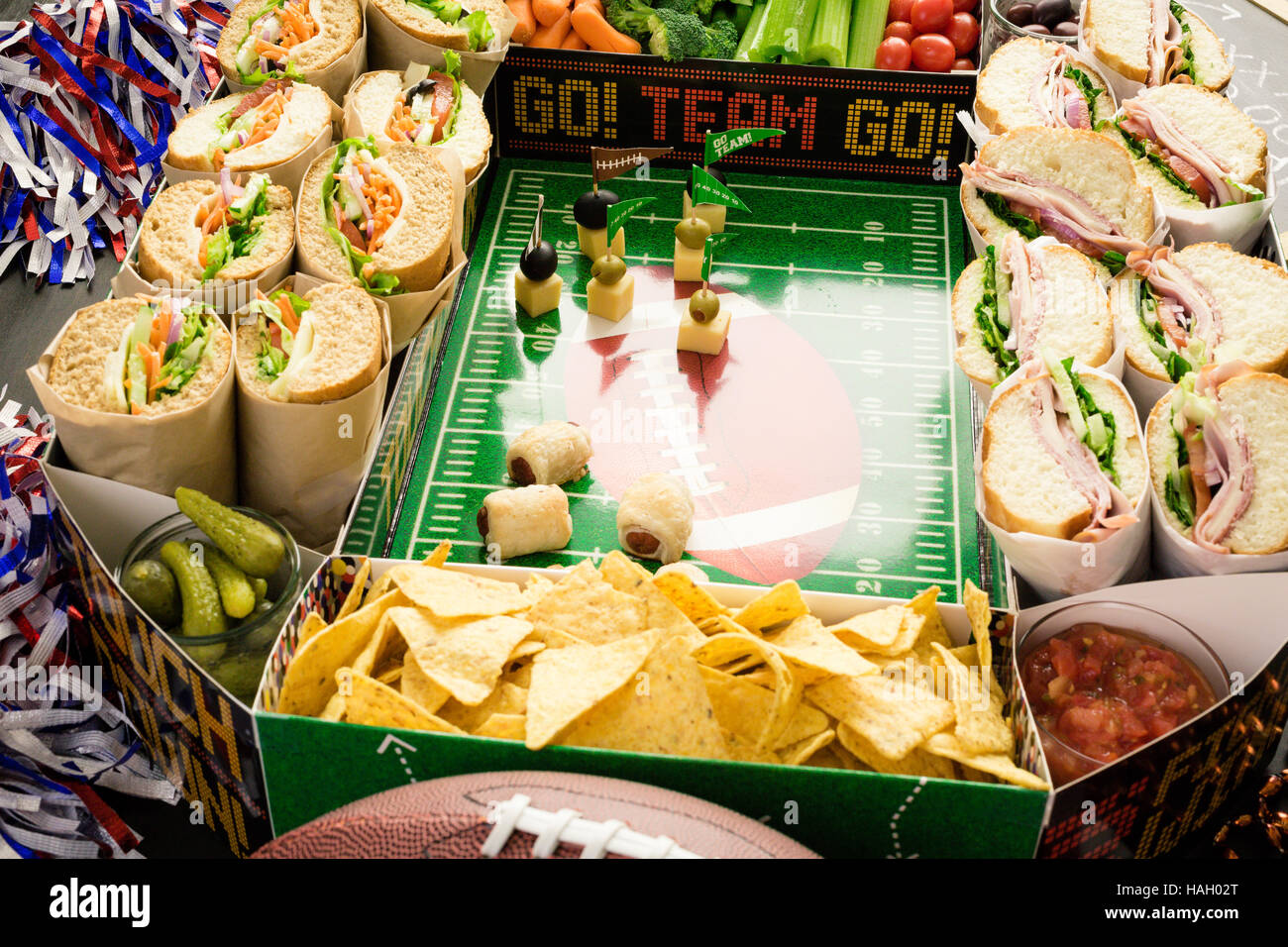 Football Snack Stadium filled with sub sandwiches, veggies and chips ...