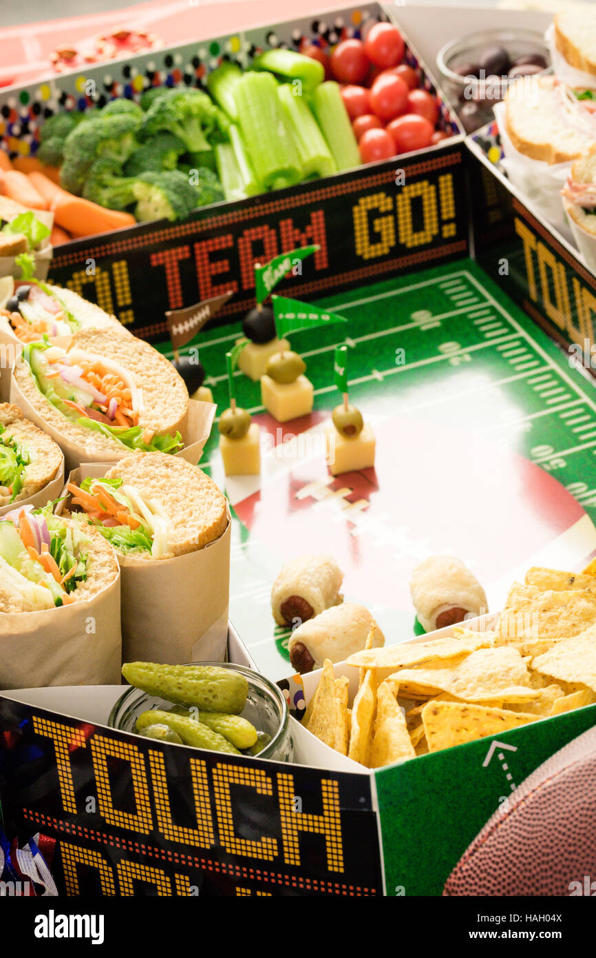 Football Snack Stadium filled with sub sandwiches, veggies and chips ...