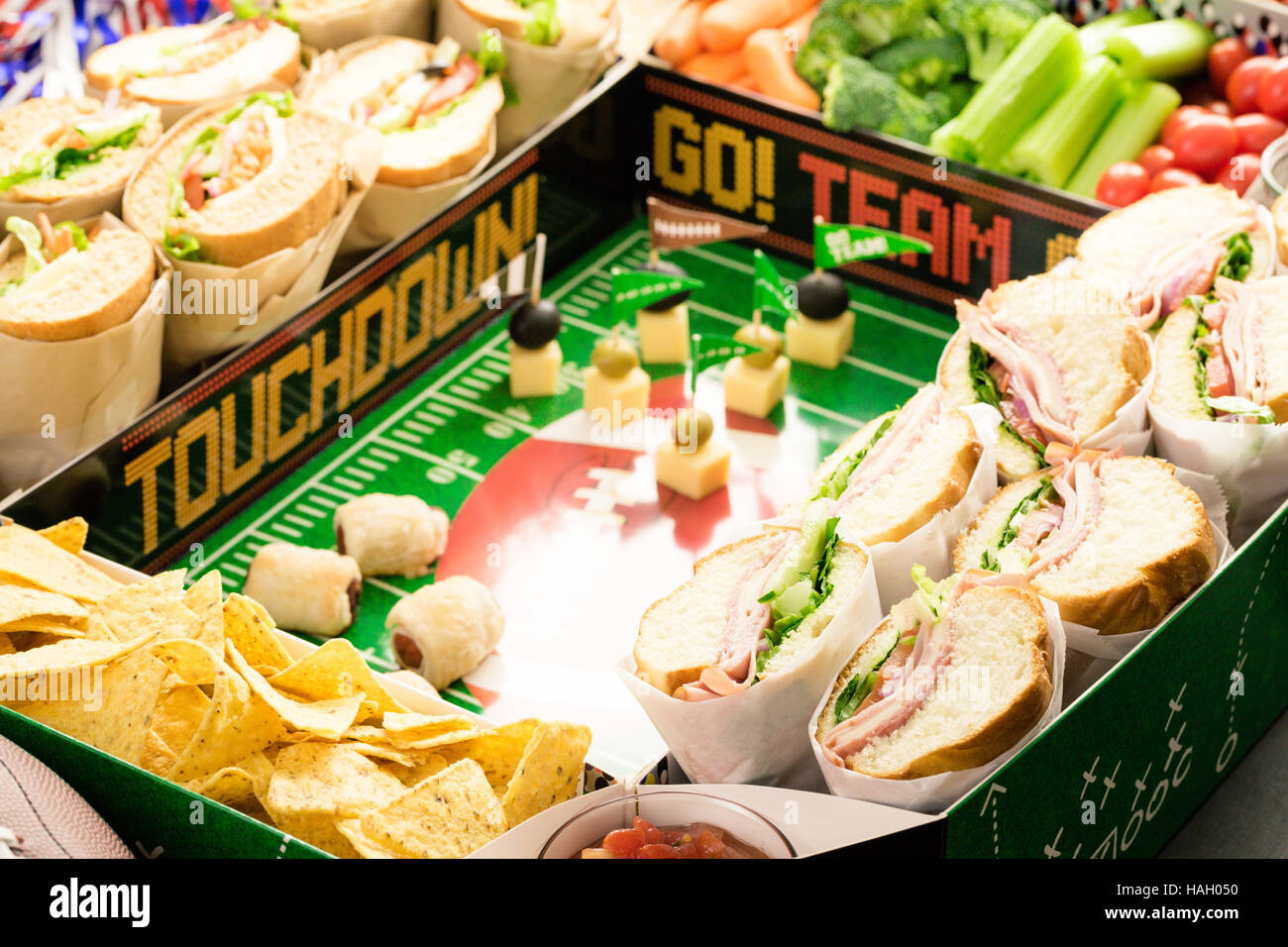 Football Snack Stadium filled with sub sandwiches, veggies and chips ...