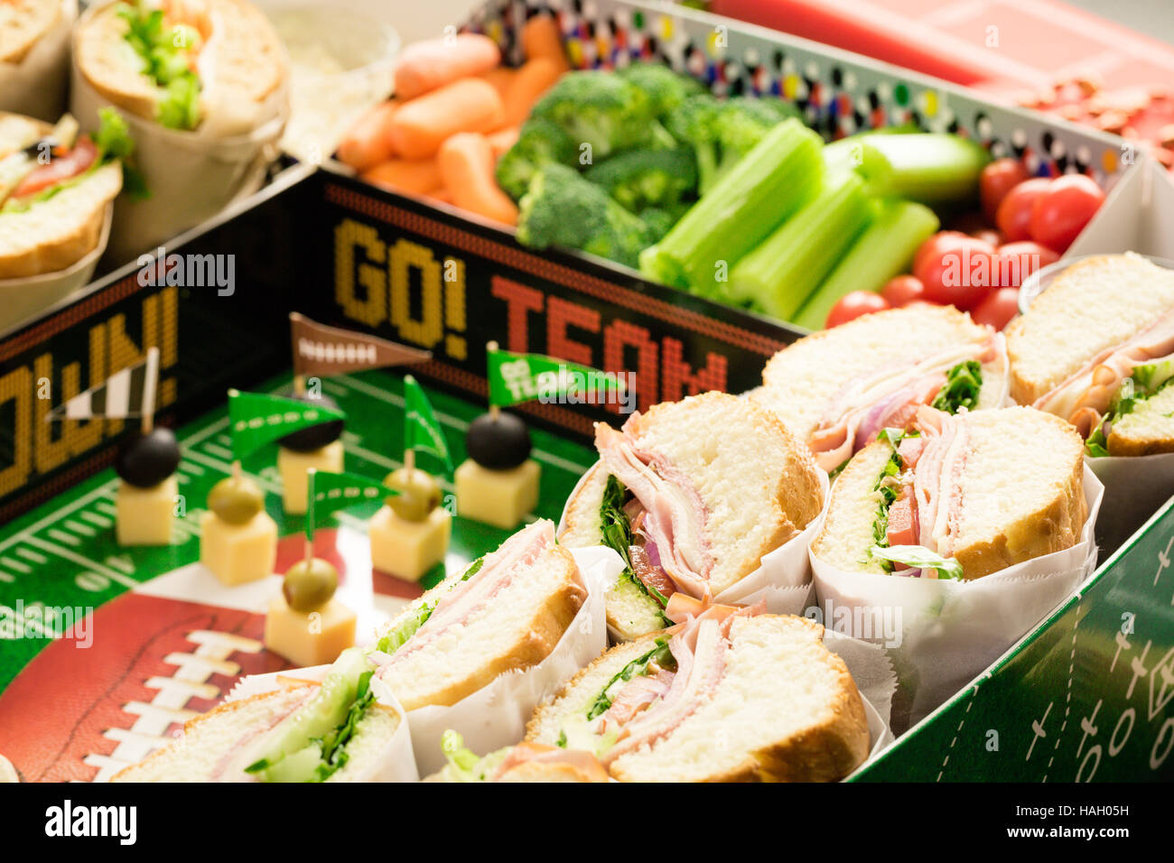 Football Snack Stadium filled with sub sandwiches, veggies and chips ...