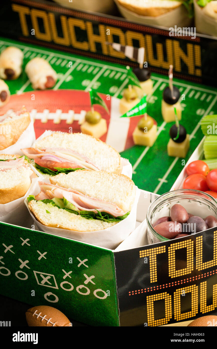 Football Snack Stadium filled with sub sandwiches, veggies and chips ...