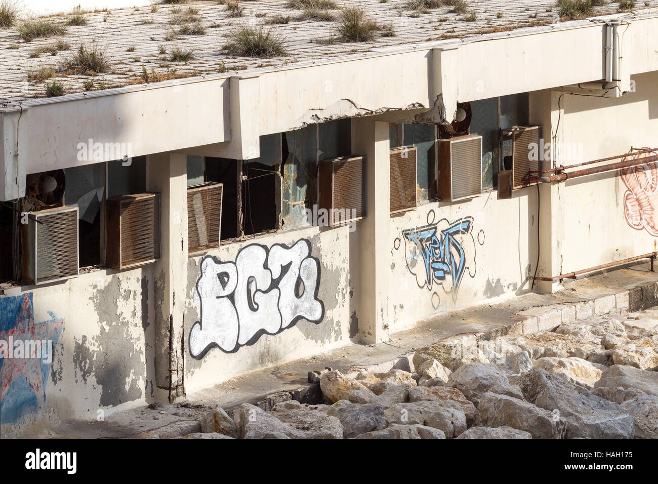 Graffiti on derelict buildings in the harbour of Split, Croatia Stock ...