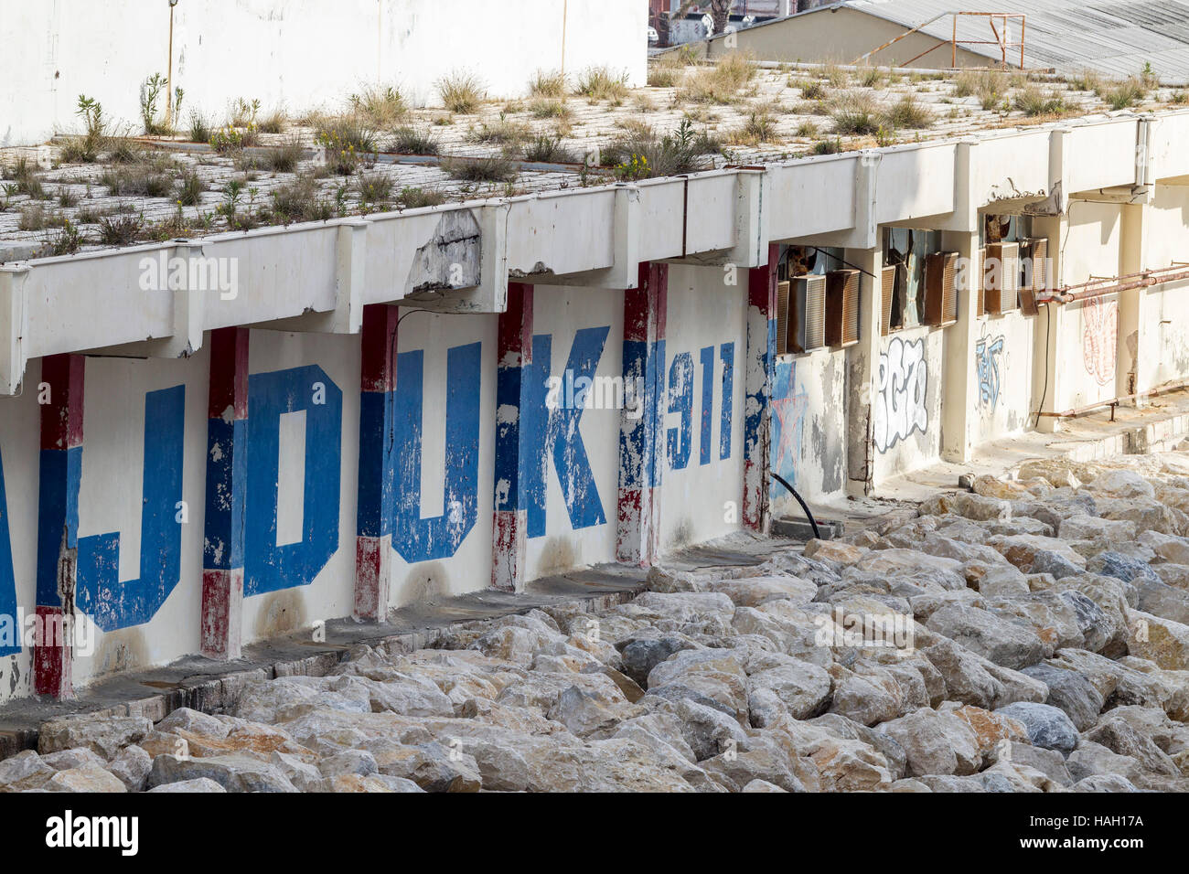 Graffiti on derelict buildings in the harbour of Split, Croatia Stock ...