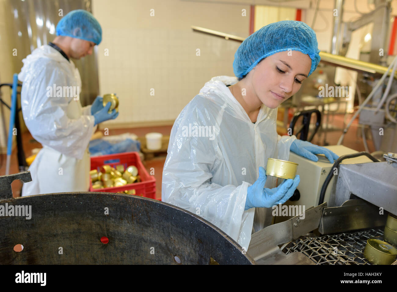 factory workers checking tinned food in factory Stock Photo - Alamy