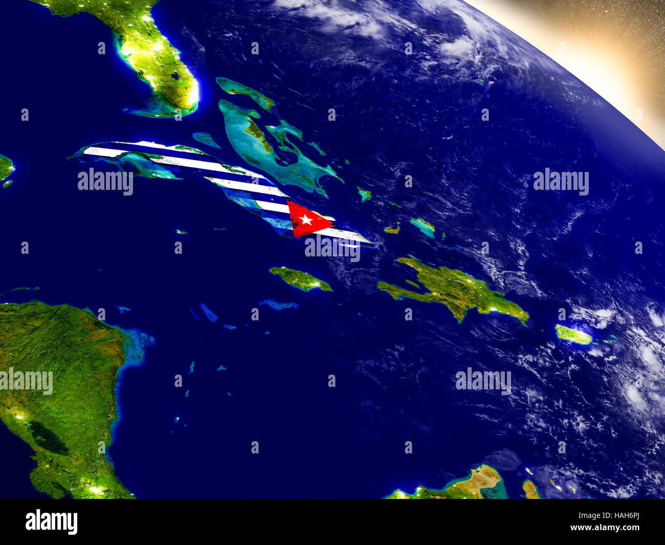 Cuba with embedded flag on planet surface during sunrise. 3D ...