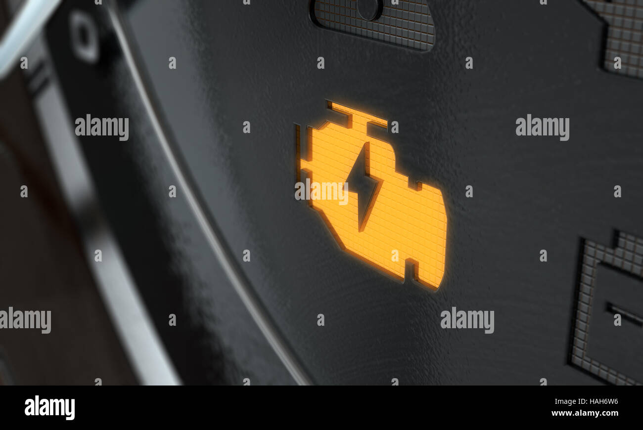 A 3D render of an extreme closeup of an illuminated check engine ...